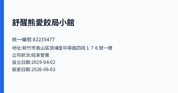 舒醒熊愛餃局小館的照片-統編 82235477(新竹市) 公司登記資料與營業項目詳細圖表