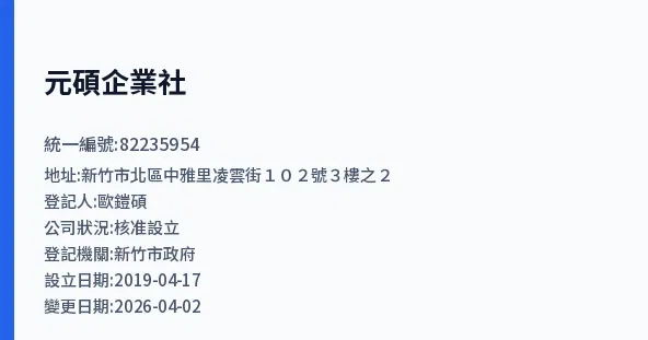 元碩企業社的照片-統編 82235954(新竹市) 公司登記資料與營業項目詳細圖表