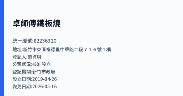 卓師傅鐵板燒的照片-統編 82236320(新竹市) 公司登記資料與營業項目詳細圖表