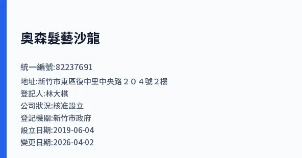 奧森髮藝沙龍的照片-統編 82237691(新竹市) 公司登記資料與營業項目詳細圖表