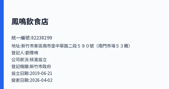鳳鳴飲食店的照片-統編 82238299(新竹市) 公司登記資料與營業項目詳細圖表