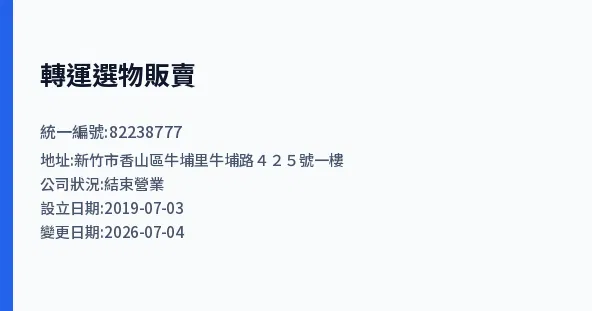 轉運選物販賣的照片-統編 82238777(新竹市) 公司登記資料與營業項目詳細圖表