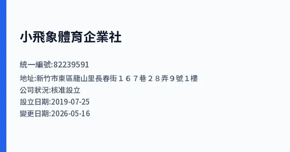 小飛象體育企業社的照片-統編 82239591(新竹市) 公司登記資料與營業項目詳細圖表