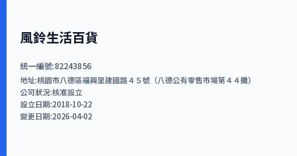 風鈴生活百貨的照片-統編 82243856(桃園市) 公司登記資料與營業項目詳細圖表