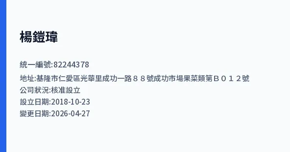 楊鎧瑋的照片-統編 82244378(基隆市) 公司登記資料與營業項目詳細圖表