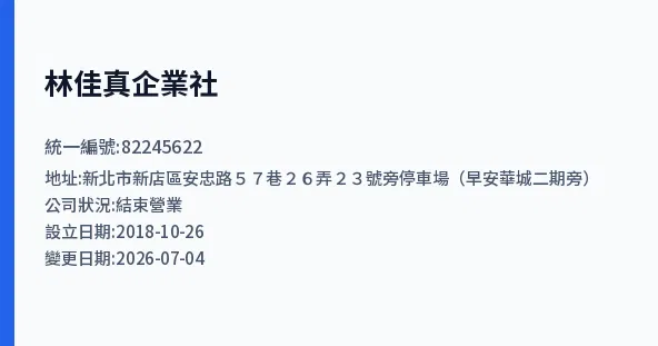 林佳真企業社的照片-統編 82245622(新北市) 公司登記資料與營業項目詳細圖表