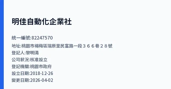 明佳自動化企業社的照片-統編 82247570(桃園市) 公司登記資料與營業項目詳細圖表