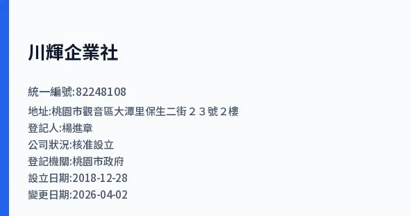 川輝企業社的照片-統編 82248108(桃園市) 公司登記資料與營業項目詳細圖表