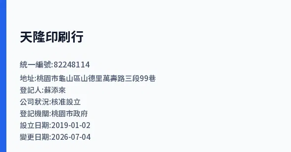 天隆印刷行的照片-統編 82248114(桃園市) 公司登記資料與營業項目詳細圖表