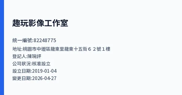 趣玩影像工作室的照片-統編 82248775(桃園市) 公司登記資料與營業項目詳細圖表