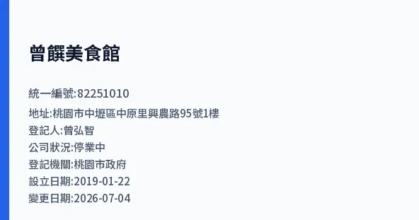 曾饌美食館的照片-統編 82251010(桃園市) 公司登記資料與營業項目詳細圖表