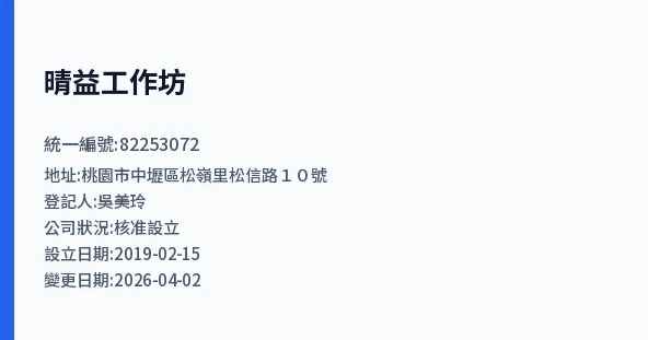 晴益工作坊的照片-統編 82253072(桃園市) 公司登記資料與營業項目詳細圖表