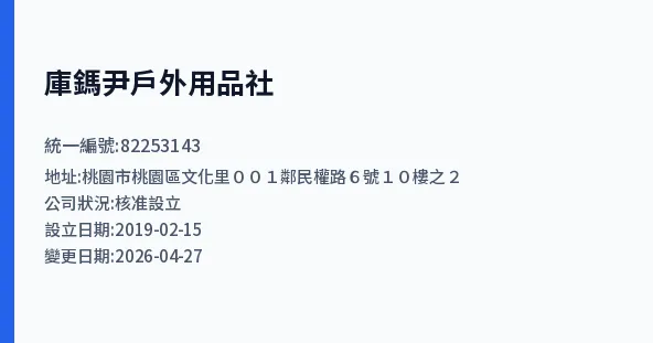 庫鎷尹戶外用品社的照片-統編 82253143(桃園市) 公司登記資料與營業項目詳細圖表