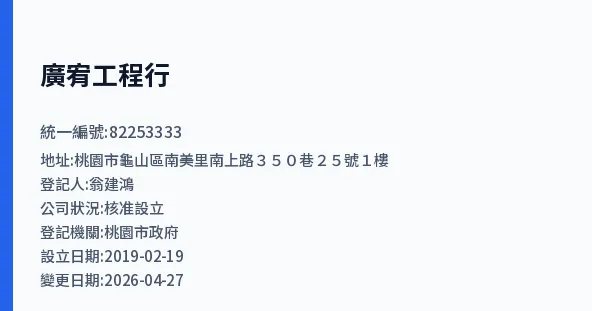 廣宥工程行的照片-統編 82253333(桃園市) 公司登記資料與營業項目詳細圖表