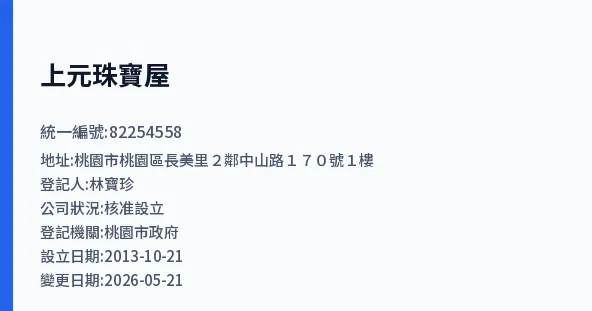 上元珠寶屋的照片-統編 82254558(桃園市) 公司登記資料與營業項目詳細圖表