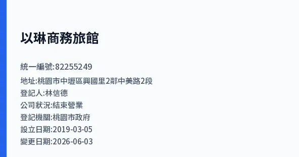 以琳商務旅館的照片-統編 82255249(桃園市) 公司登記資料與營業項目詳細圖表