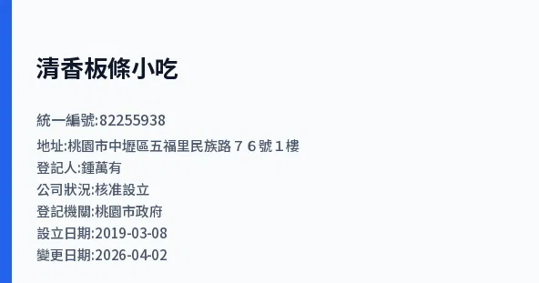 清香板條小吃的照片-統編 82255938(桃園市) 公司登記資料與營業項目詳細圖表