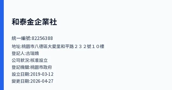 和泰金企業社的照片-統編 82256388(桃園市) 公司登記資料與營業項目詳細圖表