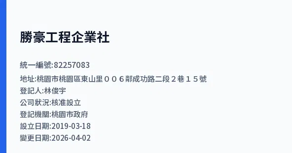 勝豪工程企業社的照片-統編 82257083(桃園市) 公司登記資料與營業項目詳細圖表