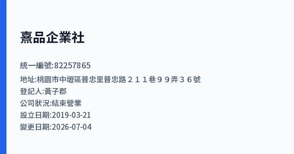 熹品企業社的照片-統編 82257865(桃園市) 公司登記資料與營業項目詳細圖表
