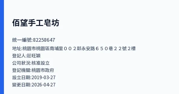 佰望手工皂坊的照片-統編 82258647(桃園市) 公司登記資料與營業項目詳細圖表