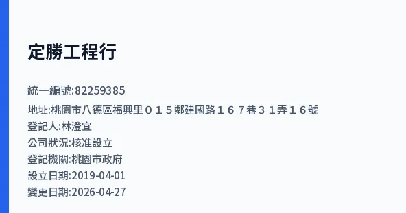 定勝工程行的照片-統編 82259385(桃園市) 公司登記資料與營業項目詳細圖表