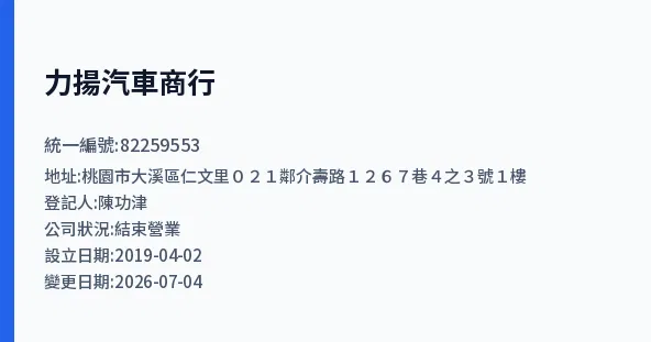 力揚汽車商行的照片-統編 82259553(桃園市) 公司登記資料與營業項目詳細圖表