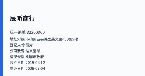 辰昕商行的照片-統編 82260860(桃園市) 公司登記資料與營業項目詳細圖表