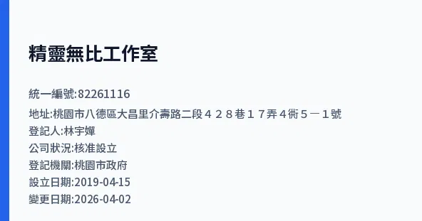 精靈無比工作室的照片-統編 82261116(桃園市) 公司登記資料與營業項目詳細圖表