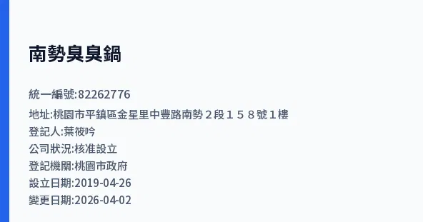 南勢臭臭鍋的照片-統編 82262776(桃園市) 公司登記資料與營業項目詳細圖表