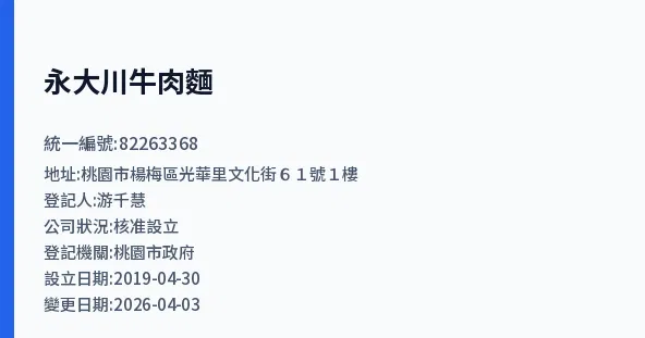 永大川牛肉麵的照片-統編 82263368(桃園市) 公司登記資料與營業項目詳細圖表