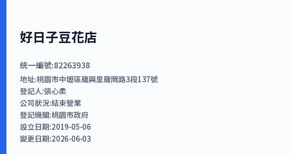 好日子豆花店的照片-統編 82263938(桃園市) 公司登記資料與營業項目詳細圖表