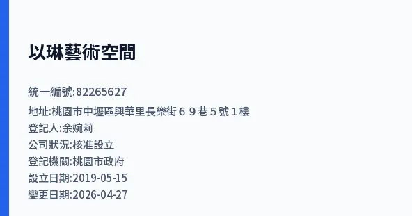 以琳藝術空間的照片-統編 82265627(桃園市) 公司登記資料與營業項目詳細圖表