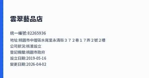 雲翠藝品店的照片-統編 82265936(桃園市) 公司登記資料與營業項目詳細圖表