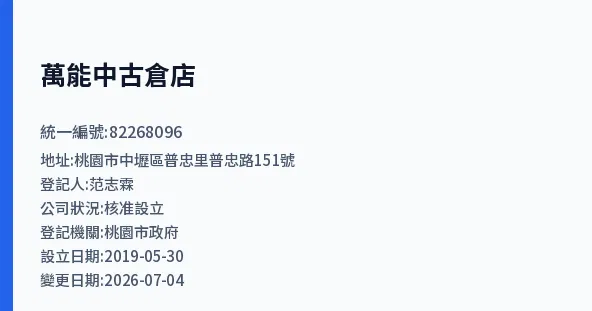萬能中古倉店的照片-統編 82268096(桃園市) 公司登記資料與營業項目詳細圖表