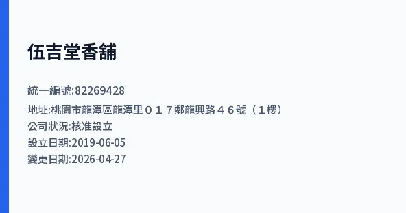 伍吉堂香舖的照片-統編 82269428(桃園市) 公司登記資料與營業項目詳細圖表