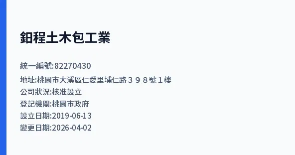 鈤程土木包工業的照片-統編 82270430(桃園市) 公司登記資料與營業項目詳細圖表