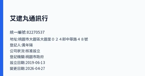 艾逮丸通訊行的照片-統編 82270537(桃園市) 公司登記資料與營業項目詳細圖表