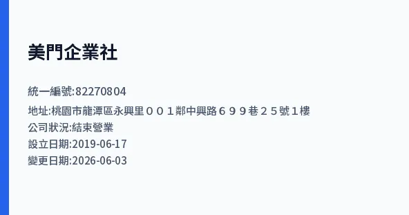 美門企業社的照片-統編 82270804(桃園市) 公司登記資料與營業項目詳細圖表