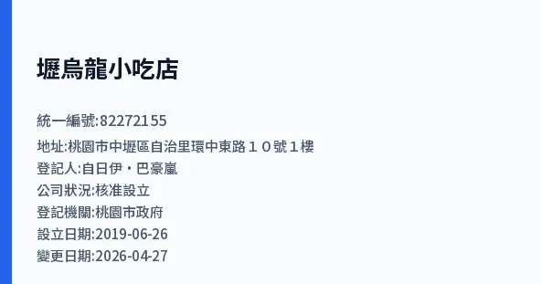 壢烏龍小吃店的照片-統編 82272155(桃園市) 公司登記資料與營業項目詳細圖表