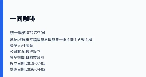 一同咖啡的照片-統編 82272704(桃園市) 公司登記資料與營業項目詳細圖表