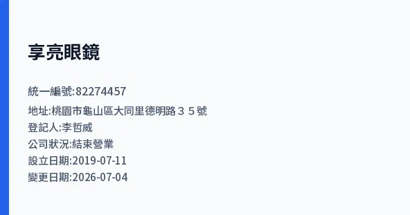 享亮眼鏡的照片-統編 82274457(桃園市) 公司登記資料與營業項目詳細圖表