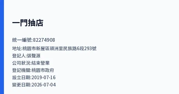 一門抽店的照片-統編 82274908(桃園市) 公司登記資料與營業項目詳細圖表