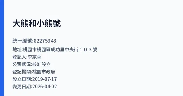 大熊和小熊號的照片-統編 82275343(桃園市) 公司登記資料與營業項目詳細圖表