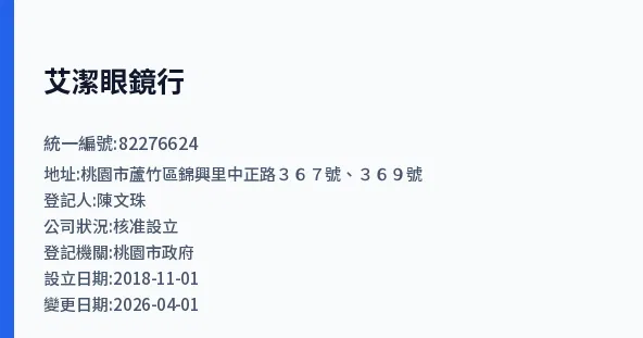 艾潔眼鏡行的照片-統編 82276624(桃園市) 公司登記資料與營業項目詳細圖表