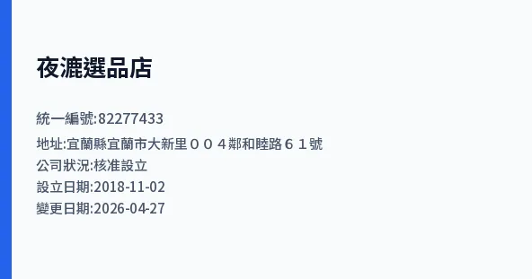 夜漉選品店的照片-統編 82277433(宜蘭縣) 公司登記資料與營業項目詳細圖表