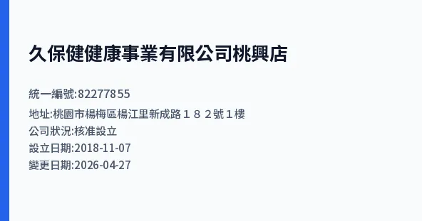 久保健健康事業有限公司桃興店的照片-統編 82277855(桃園市) 公司登記資料與營業項目詳細圖表
