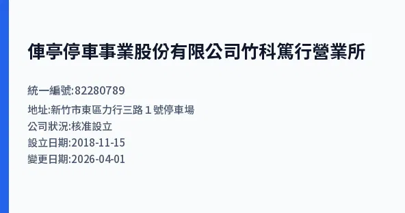 俥亭停車事業股份有限公司竹科篤行營業所的照片-統編 82280789(新竹市) 公司登記資料與營業項目詳細圖表