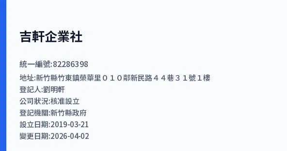 吉軒企業社的照片-統編 82286398(新竹縣) 公司登記資料與營業項目詳細圖表