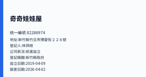 奇奇娃娃屋的照片-統編 82286974(新竹縣) 公司登記資料與營業項目詳細圖表
